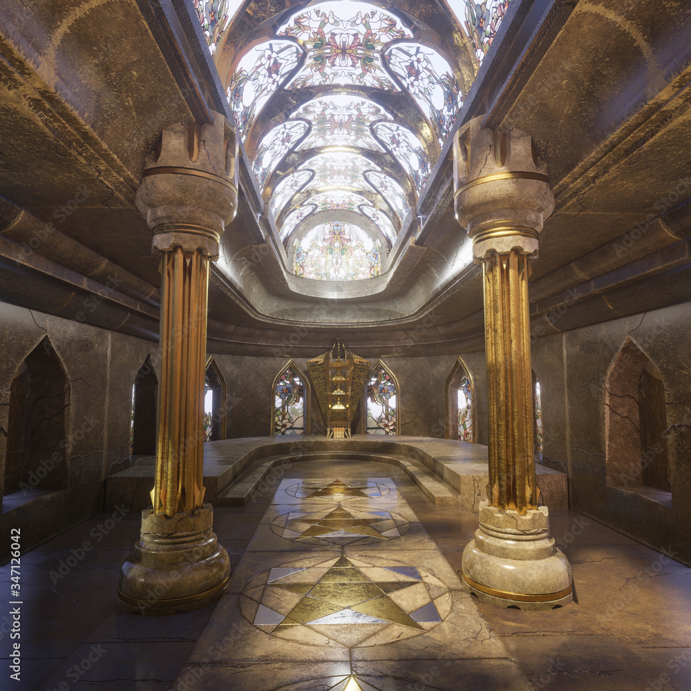 A hyper-realistic fantasy 3D interior of a temple. Majestic pillars ...