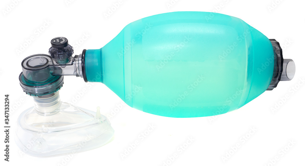 Medical breathing devices called Ambu are placed on a white background ...