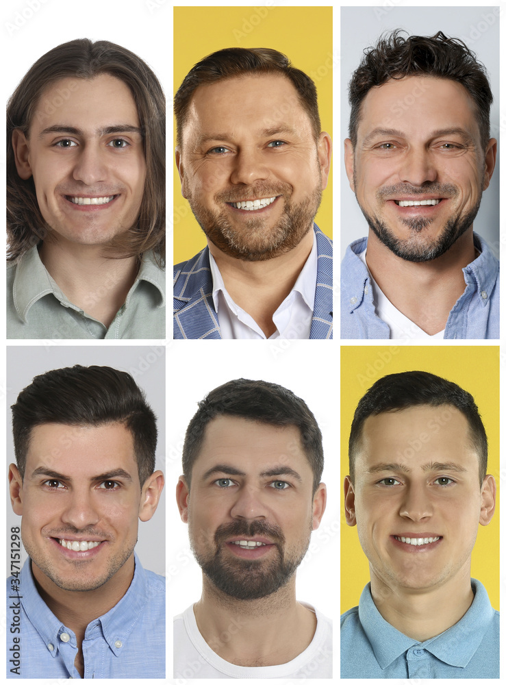 Collage with portraits of handsome men on different color backgrounds ...
