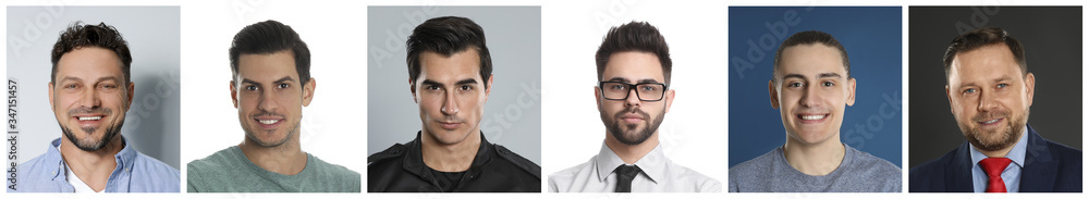 Collage with portraits of handsome men on different color backgrounds ...