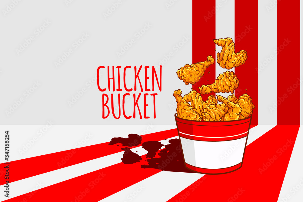 Fried chicken legs and wings bucket on red stripes vector background ...
