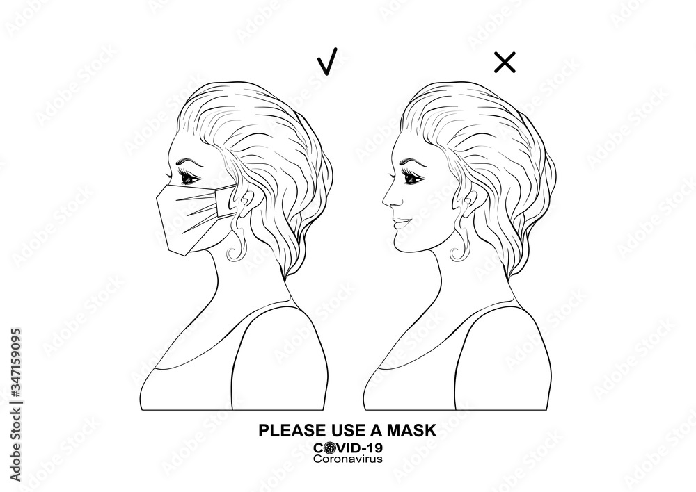 Women portrait without and with face mask and call please use mask ...