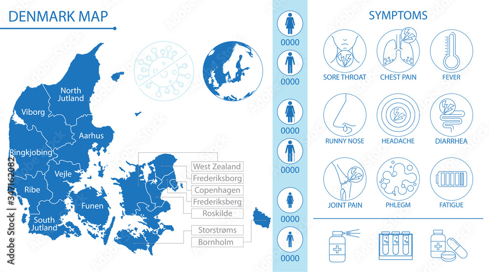 Denmark map with pictograms and icons of symptoms, Covid-19 and other ...