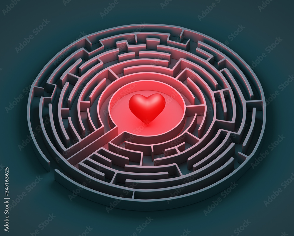 The complex world of emotions. Red heart hidden inside a maze. Love ...