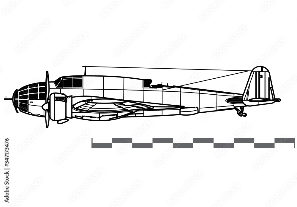 PZL.37 Los. World War 2 bomber. Side view. Image for illustration and ...