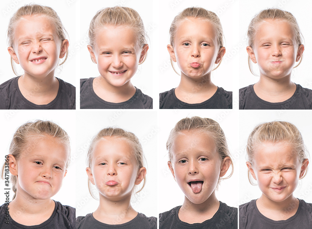 Collage of portraits of a European beautiful girl. A child with blond ...