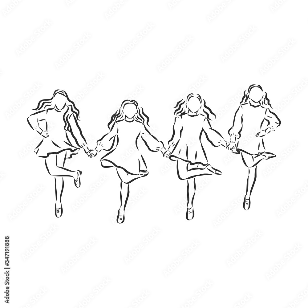 Irish Dance Troupe Jumping Together in Traditional Dresses and Ghillies ...