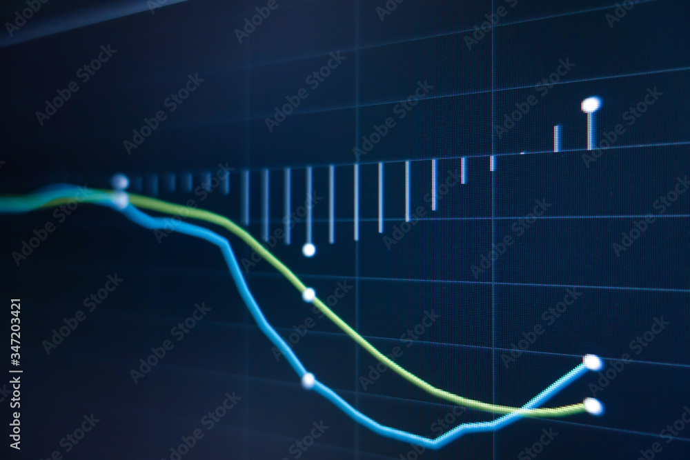 Stock market trading graph and candlestick chart on screen monitor ...
