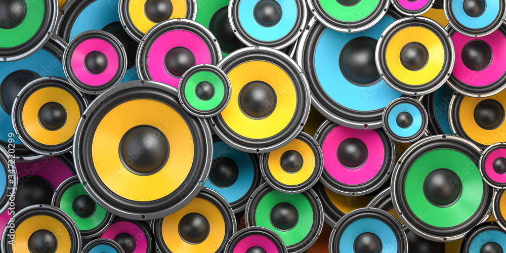 Acoustic sound speakers background. Subwoofers of different size and ...