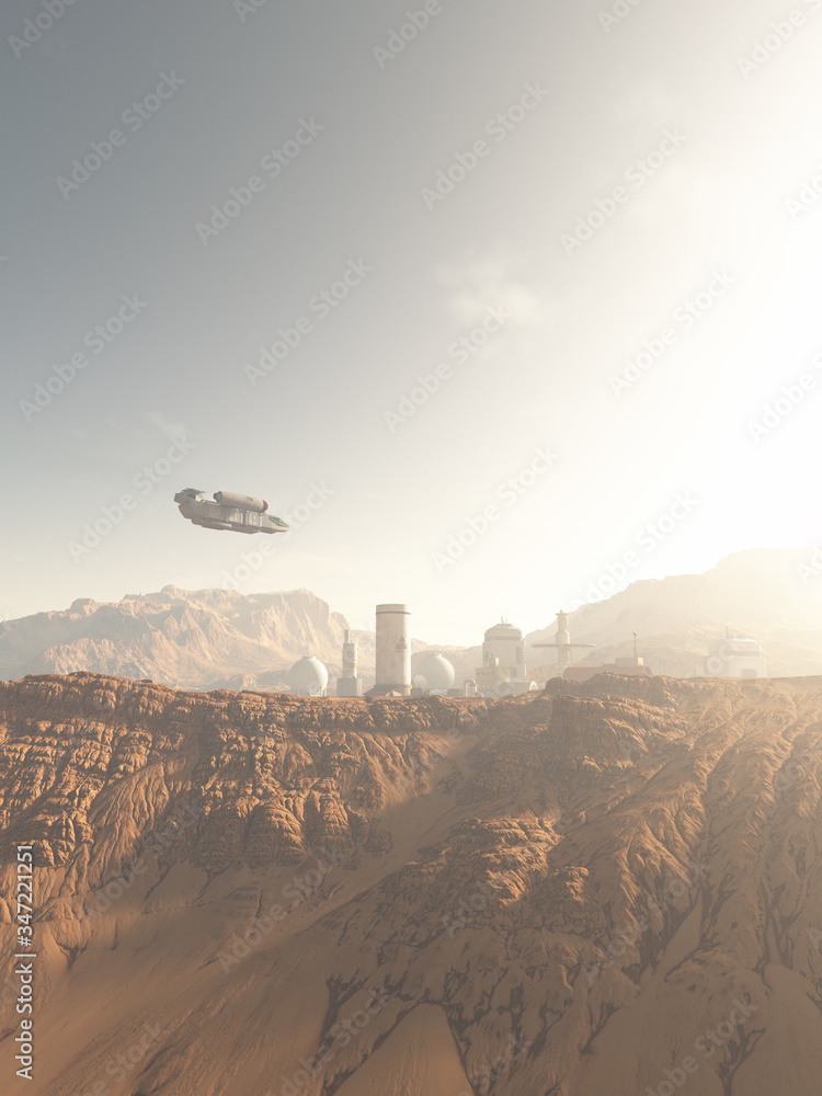 Science fiction illustration of a supply ship arriving at an outpost ...