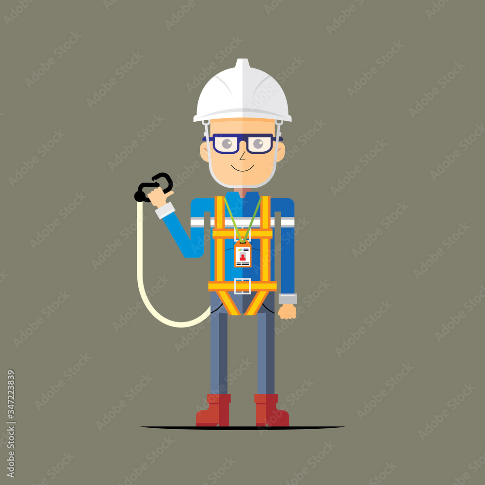Cool engineer character with single lanyard full body harness on ...
