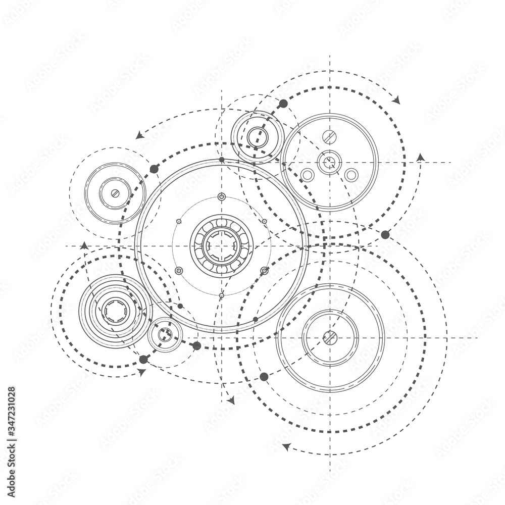 Rotating mechanism of round parts .Engineering technical drawing on a ...