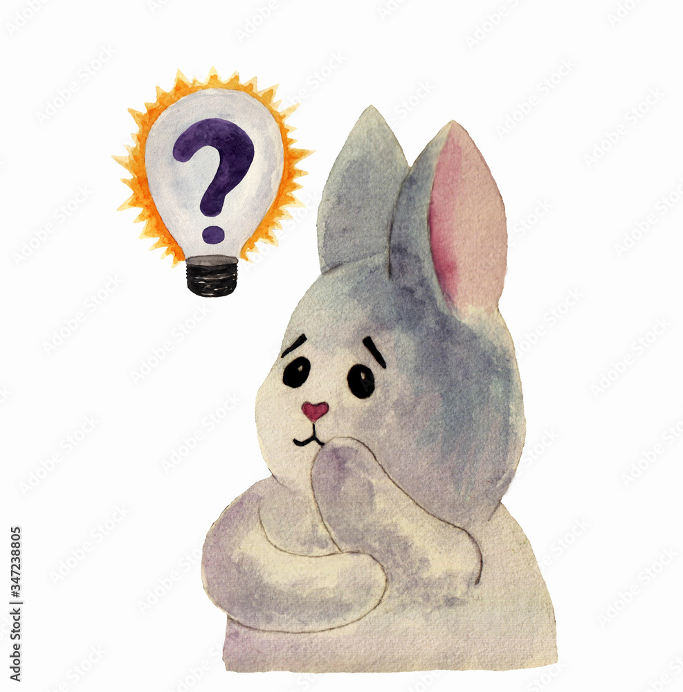 Watercolor illustration of a rabbit with a light bulb and a purple ...
