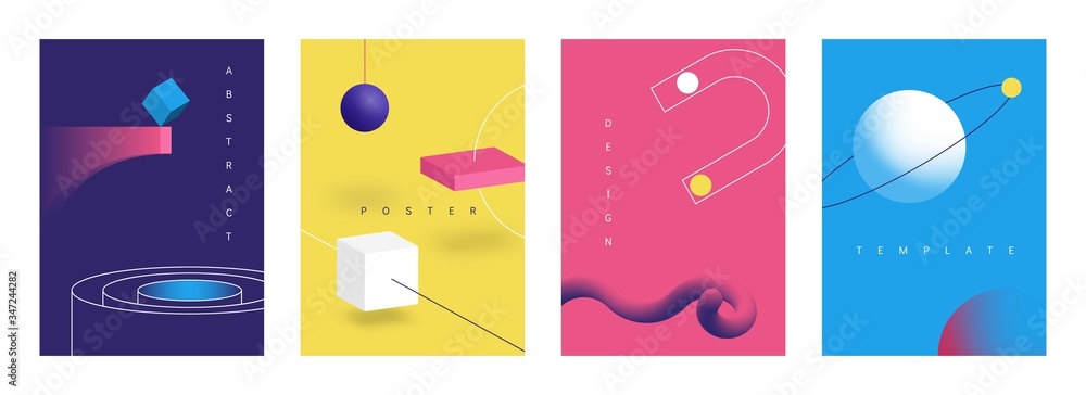 Geometric 3D posters. Abstract retro futuristic banners with bright ...