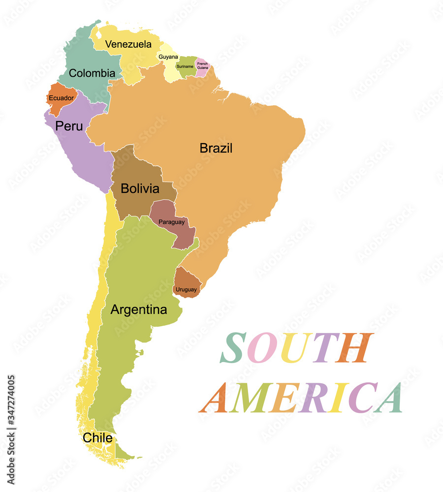 Vetor de Highly detailed map of the continent of South America. Colored ...
