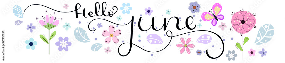 Hello June. JUNE month vector with flowers and leaves. Decoration ...