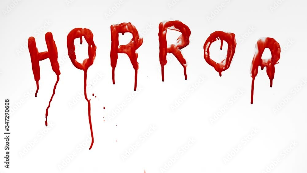 Word horror written in blood on glass. Blood streams dripping down on ...