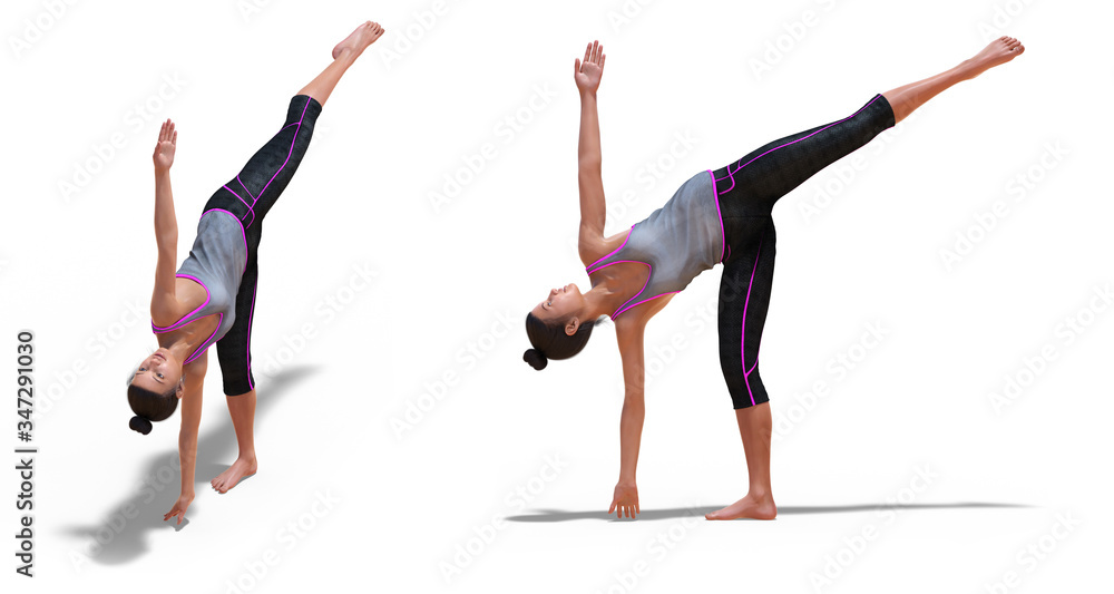 Front and Left Profile Poses of a Virtual Woman in Yoga Half Moon Pose ...