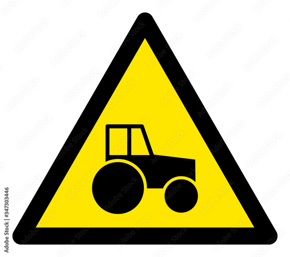 Vector whelled tractor flat warning sign. Triangle icon uses black and ...