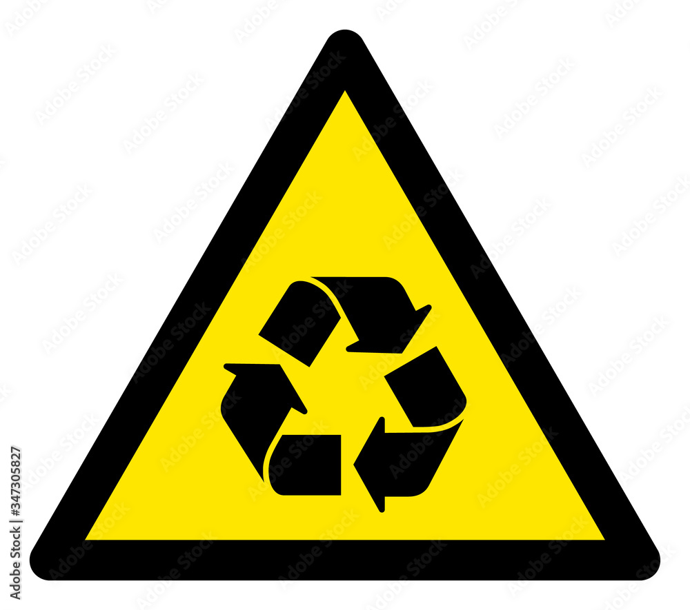 Vector recycling flat warning sign. Triangle icon uses black and yellow ...