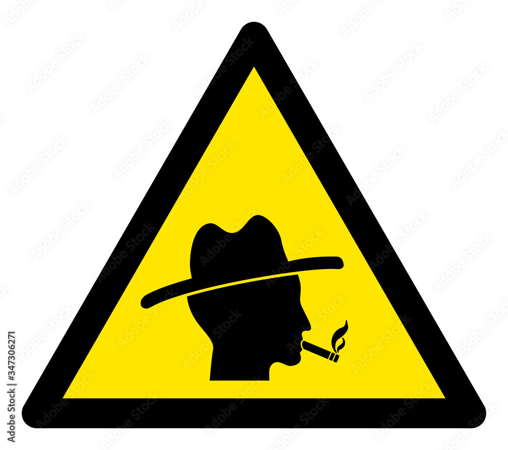 Vector smoking guy flat warning sign. Triangle icon uses black and ...