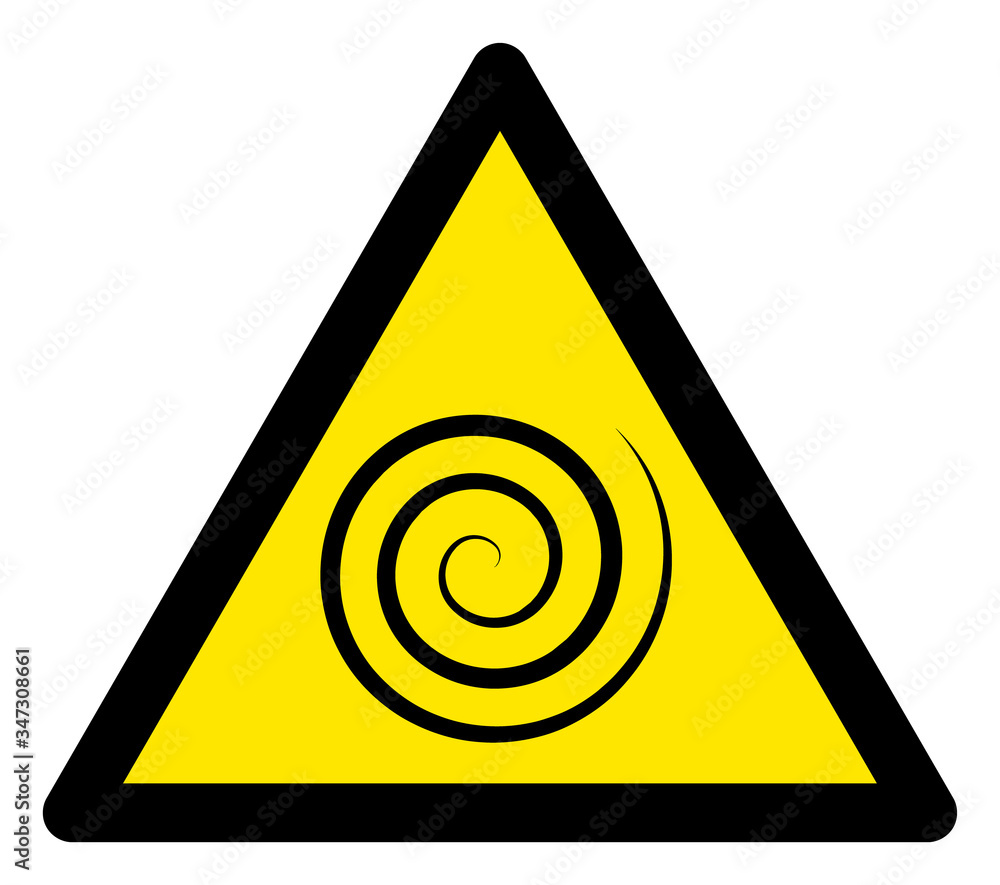 Vector spiral flat warning sign. Triangle icon uses black and yellow ...