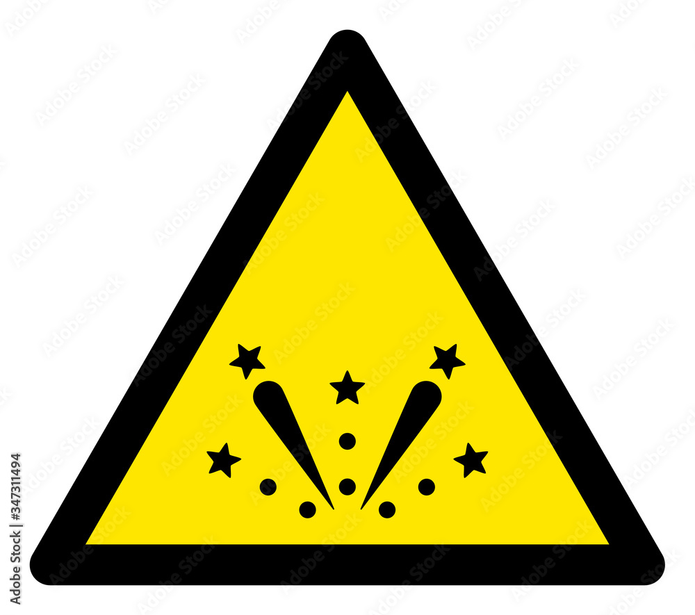 Vector fireworks flat warning sign. Triangle icon uses black and yellow ...