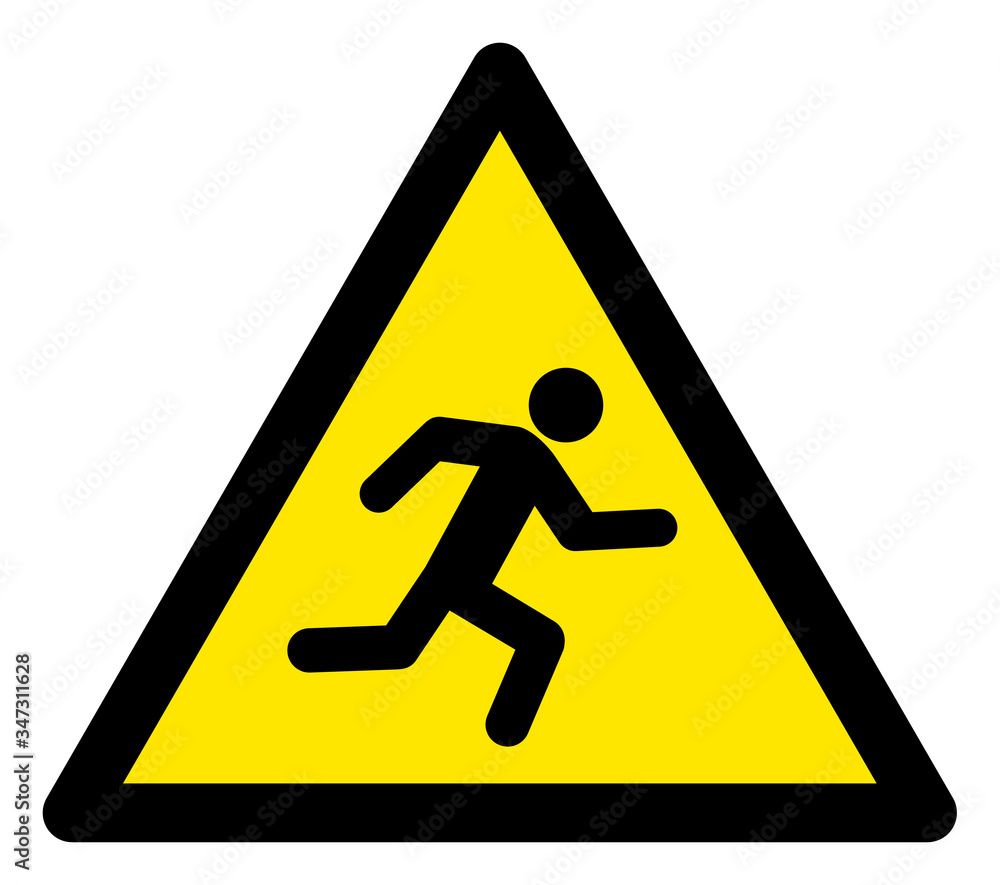 Vector running man flat warning sign. Triangle icon uses black and ...