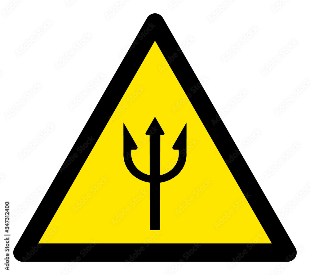 Vector trident flat warning sign. Triangle icon uses black and yellow ...