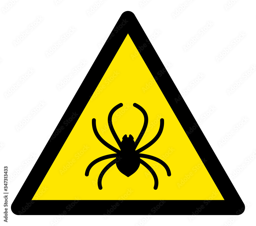 Vector spider flat warning sign. Triangle icon uses black and yellow ...