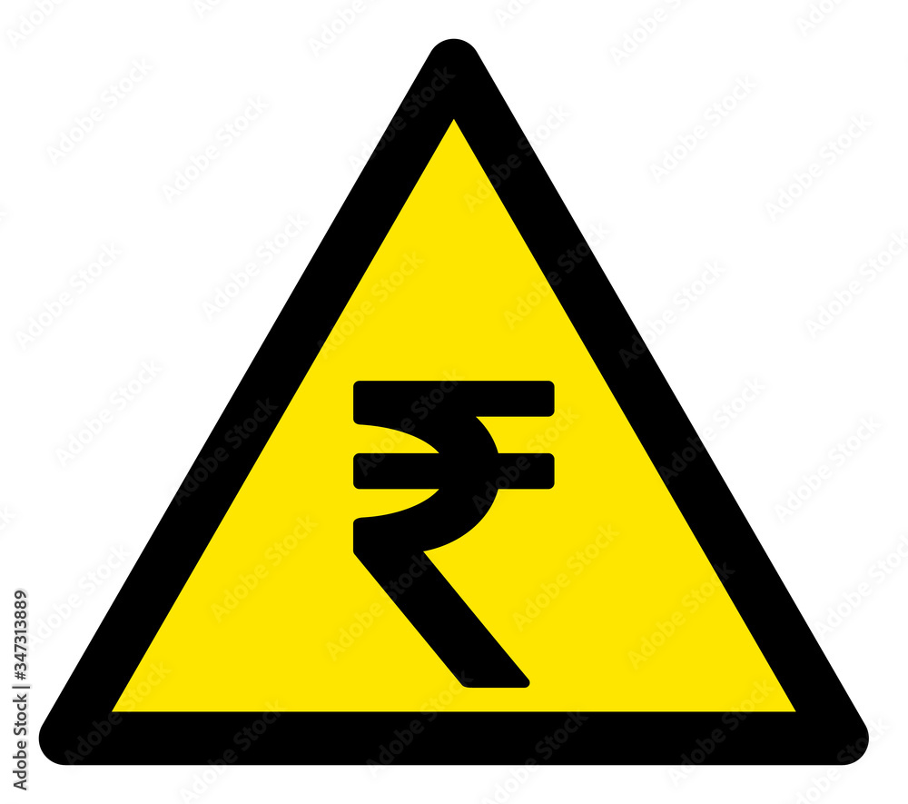 Vector Indian Rupee flat warning sign. Triangle icon uses black and ...