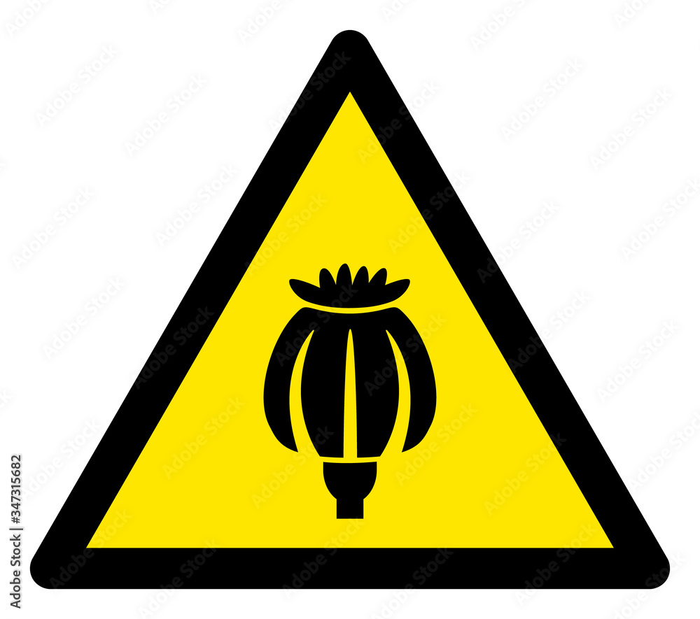 Vector opium poppy flat warning sign. Triangle icon uses black and ...