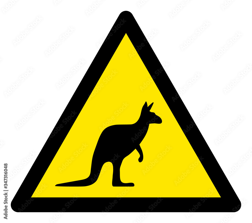Vector kangaroo flat warning sign. Triangle icon uses black and yellow ...
