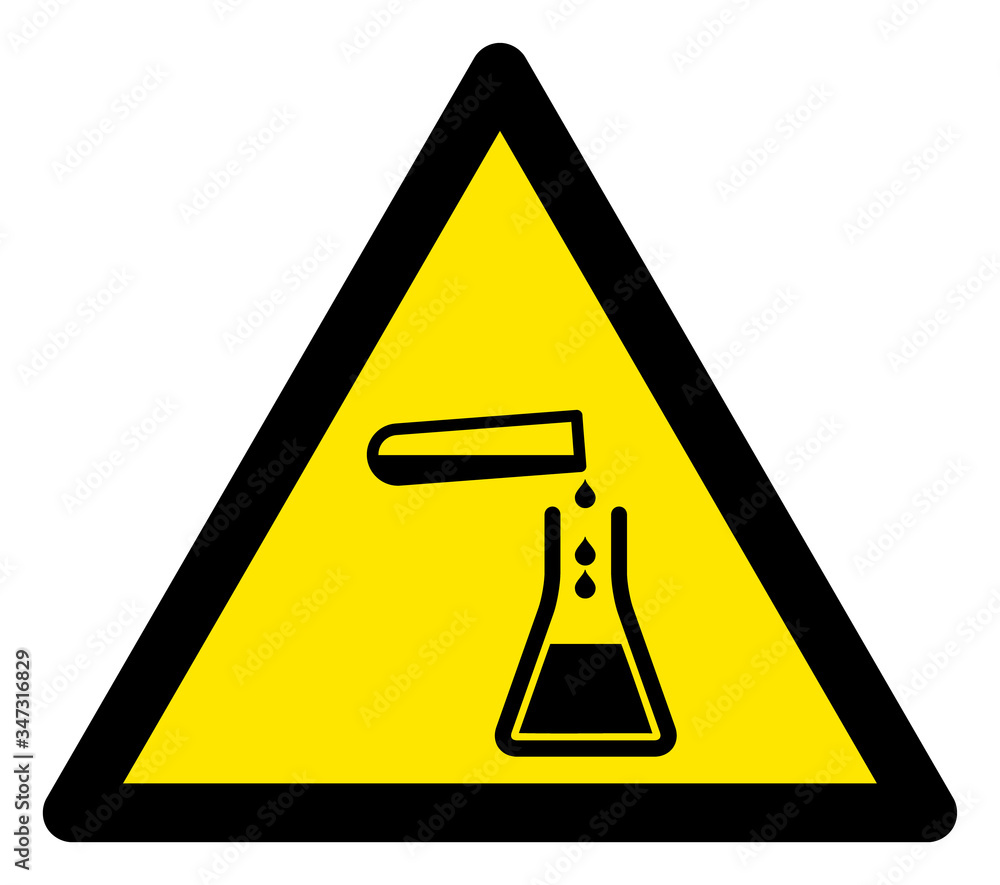 Vector chemistry flat warning sign. Triangle icon uses black and yellow ...