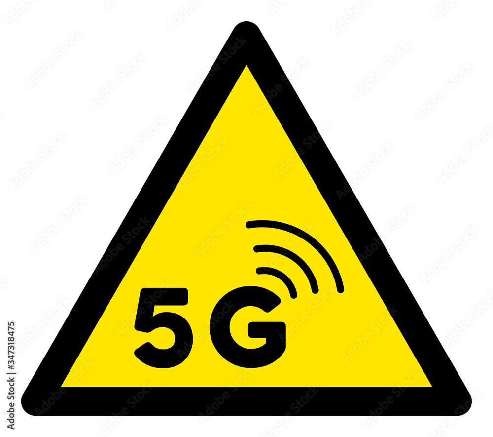 Vector 5g network flat warning sign. Triangle icon uses black and ...