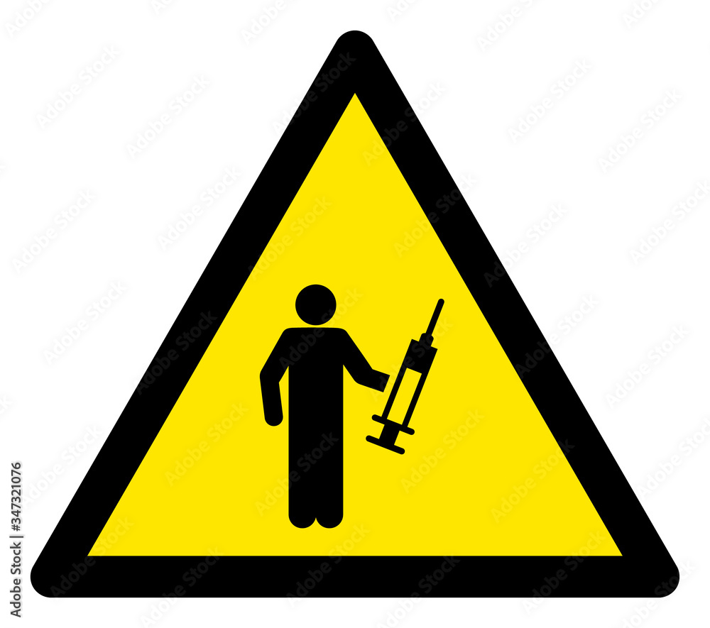 Vector drug dealer flat warning sign. Triangle icon uses black and ...