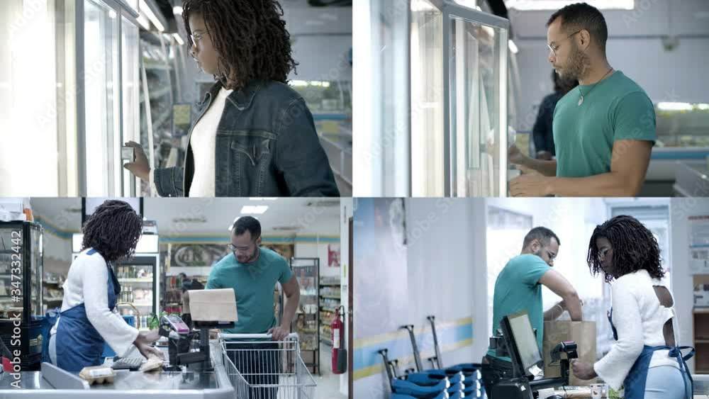 Supermarket customers wheeling shopping carts along aisles, choosing ...