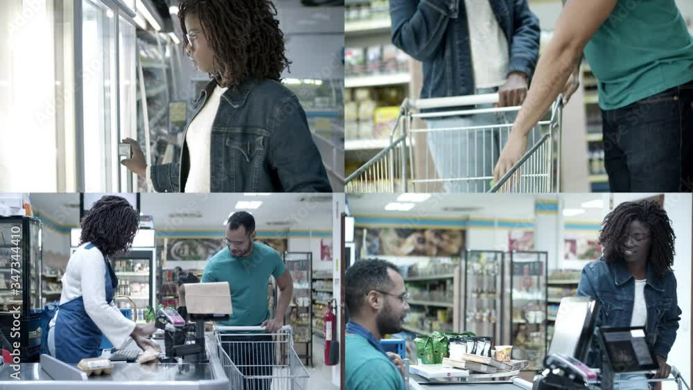 Young multiethnic shoppers walking along supermarket aisles, taking ...