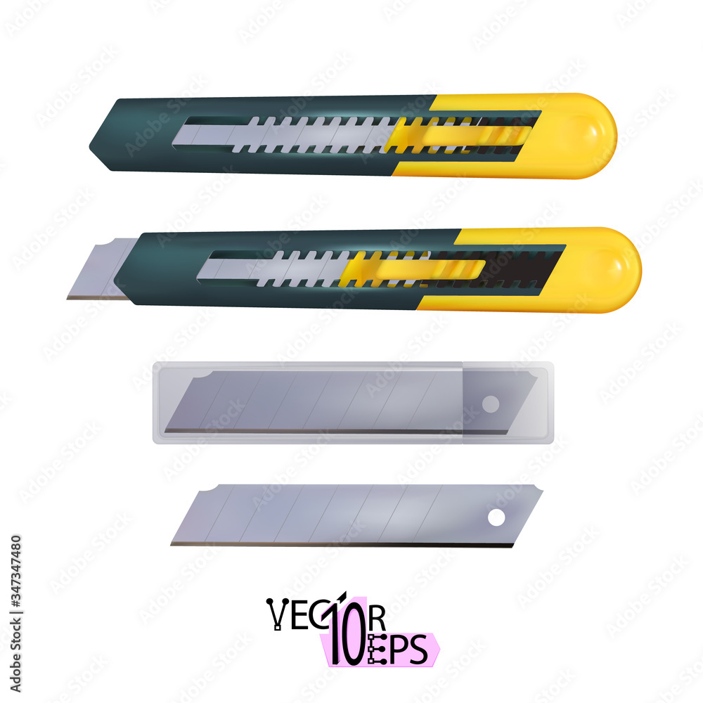Realistic yellow construction utility knife with segmented blade and ...