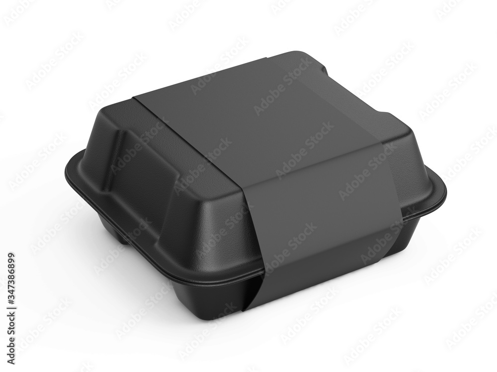 Disposable black food box container whith black paper label isolated on ...