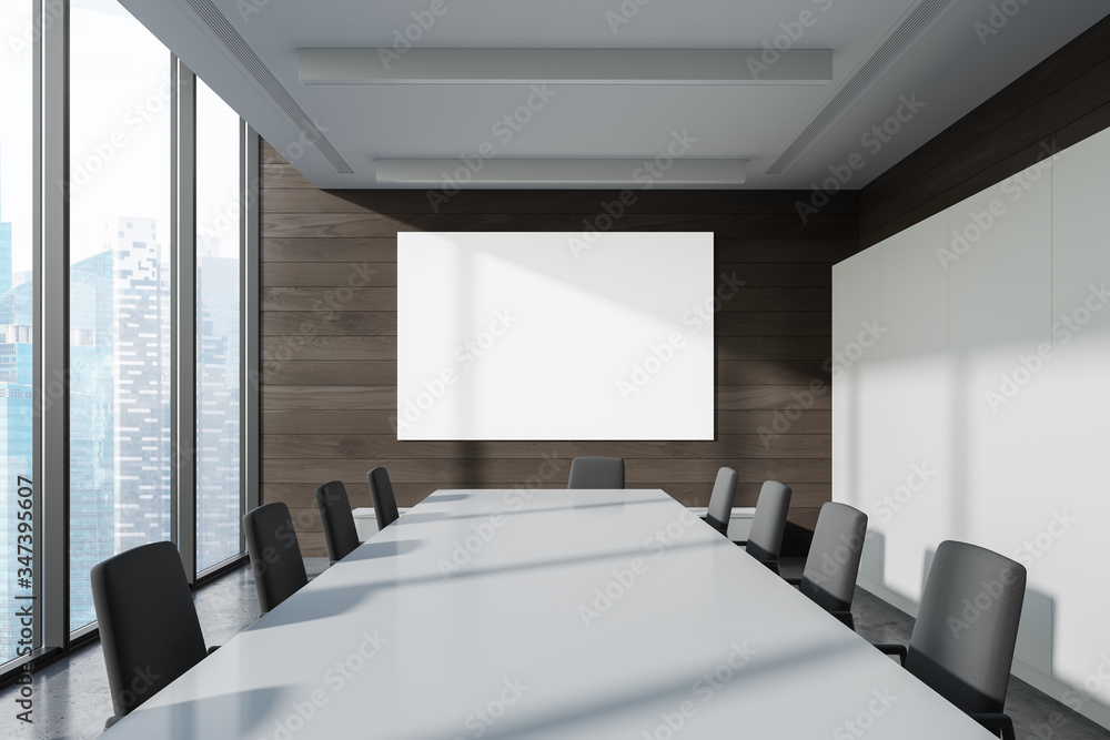 Wooden panoramic meeting room interior with poster Stock Photo | Adobe ...