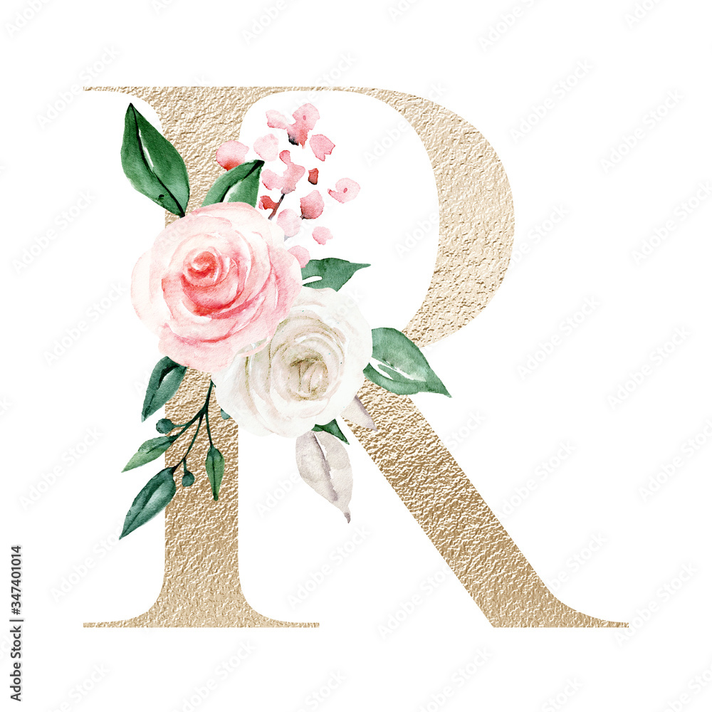 Letter R gold with watercolor flowers roses. Monogram hand drawing ...