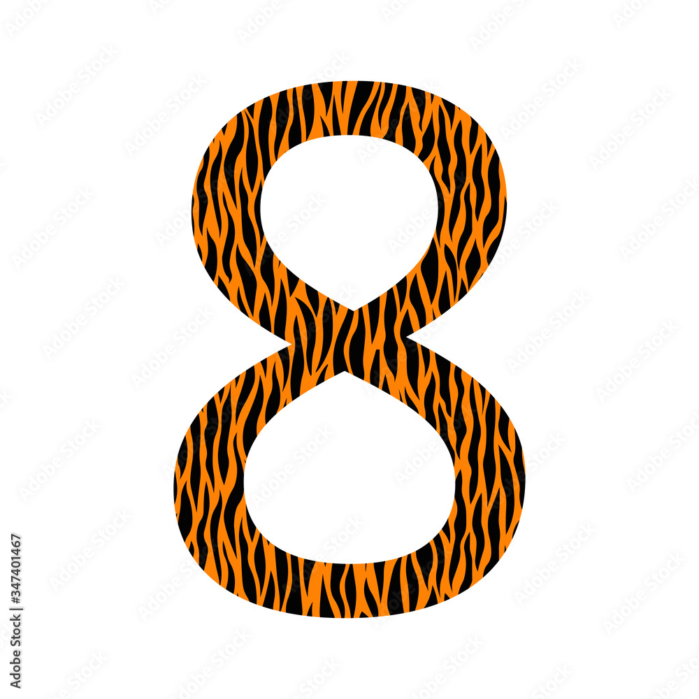 Decorative black and oranje number 8 with animal ornament. Tiger skin ...