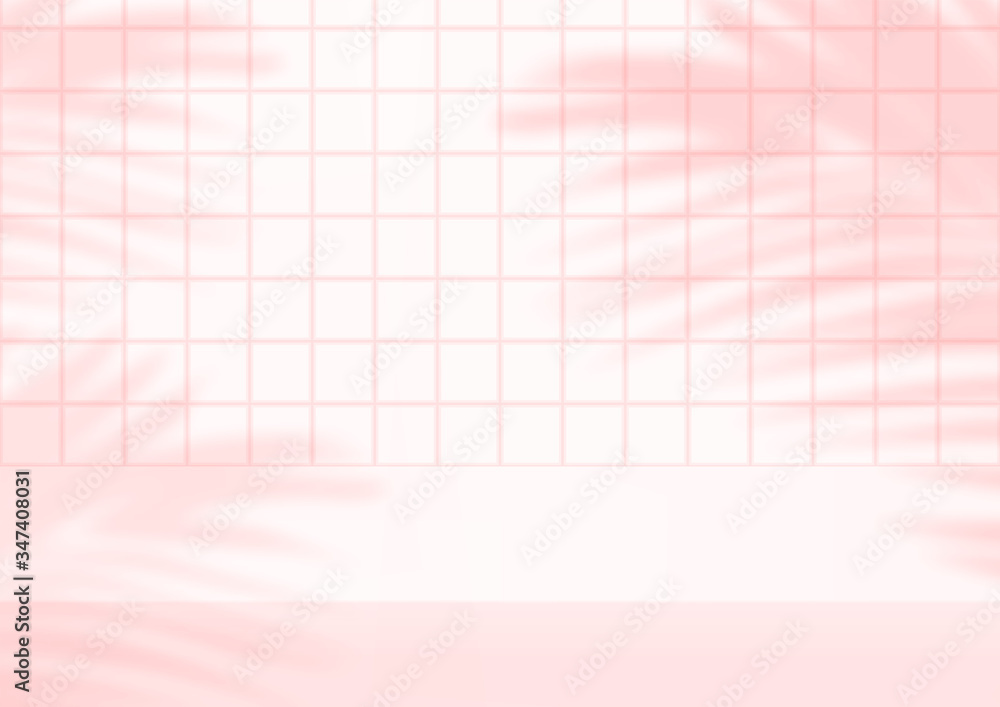 Empty studio pink tiles background with palm leaves for product display ...