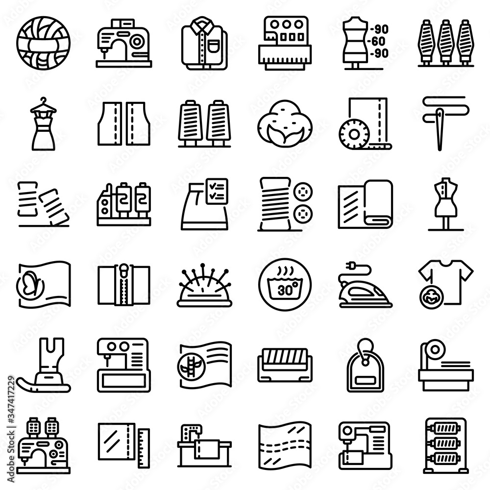 Textile production icons set. Outline set of textile production vector ...