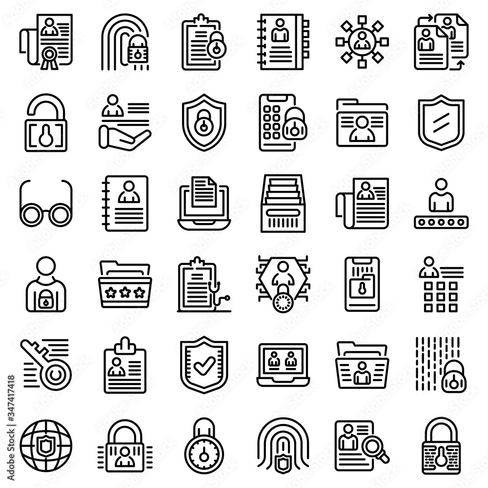 Personal information icons set. Outline set of personal information ...