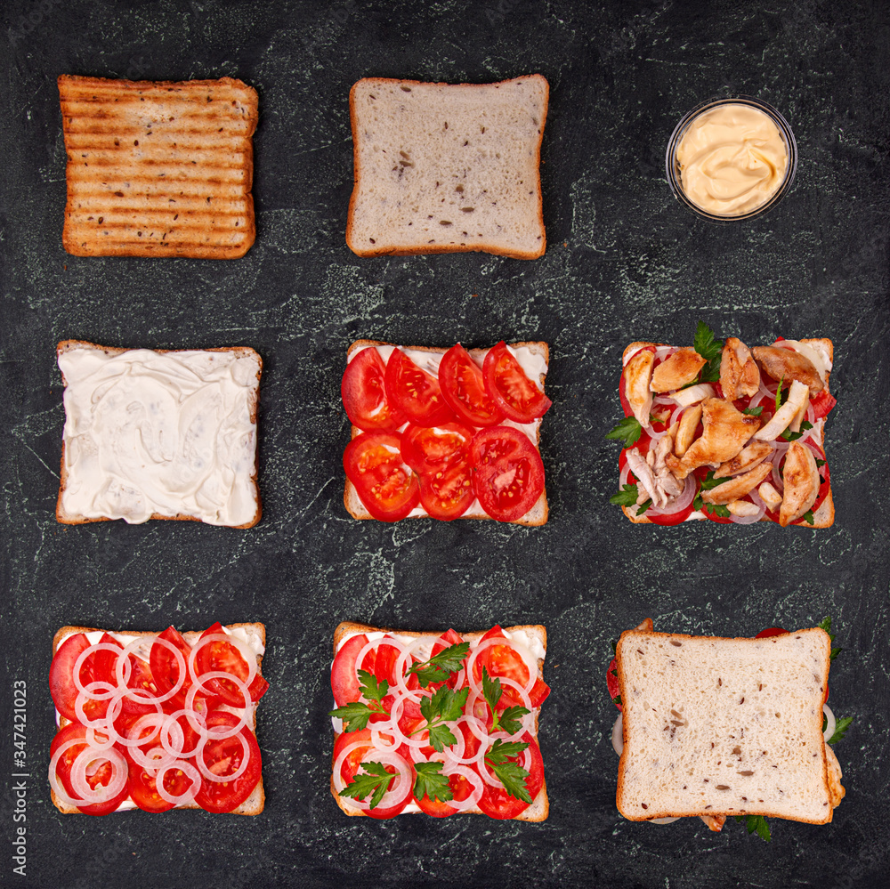 Step-by-step preparation sandwich with chicken meat and tomato and ...