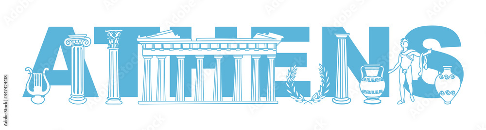 Vector illustration Symbols of Athens, Greece. Famous Greek landmarks ...