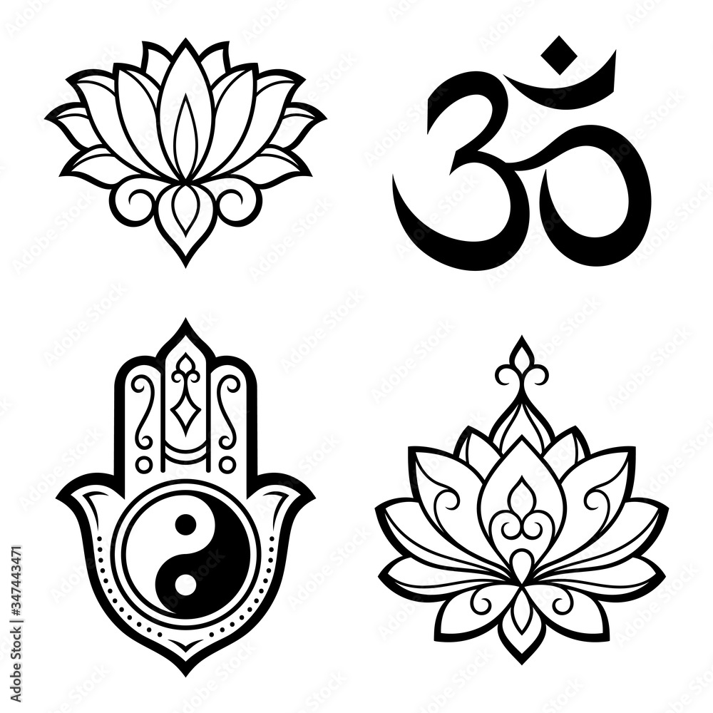 Set of Hamsa hand drawn symbol, lotus flower, Yin-Yang and OM sigils ...