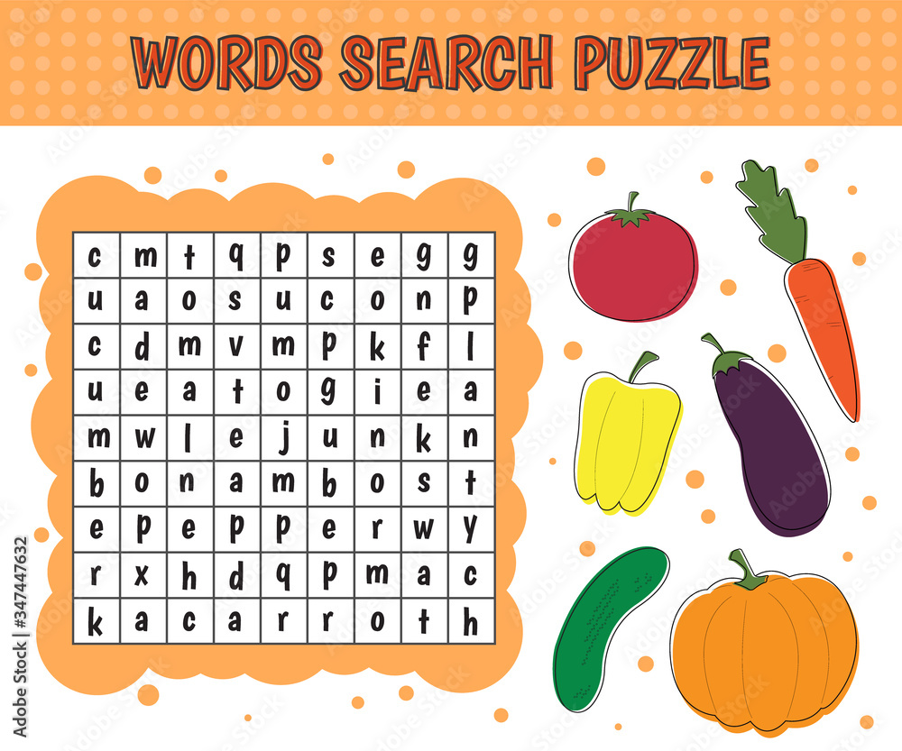 Word search puzzle.Vegetables: cucumber, eggplant, tomato, pepper ...